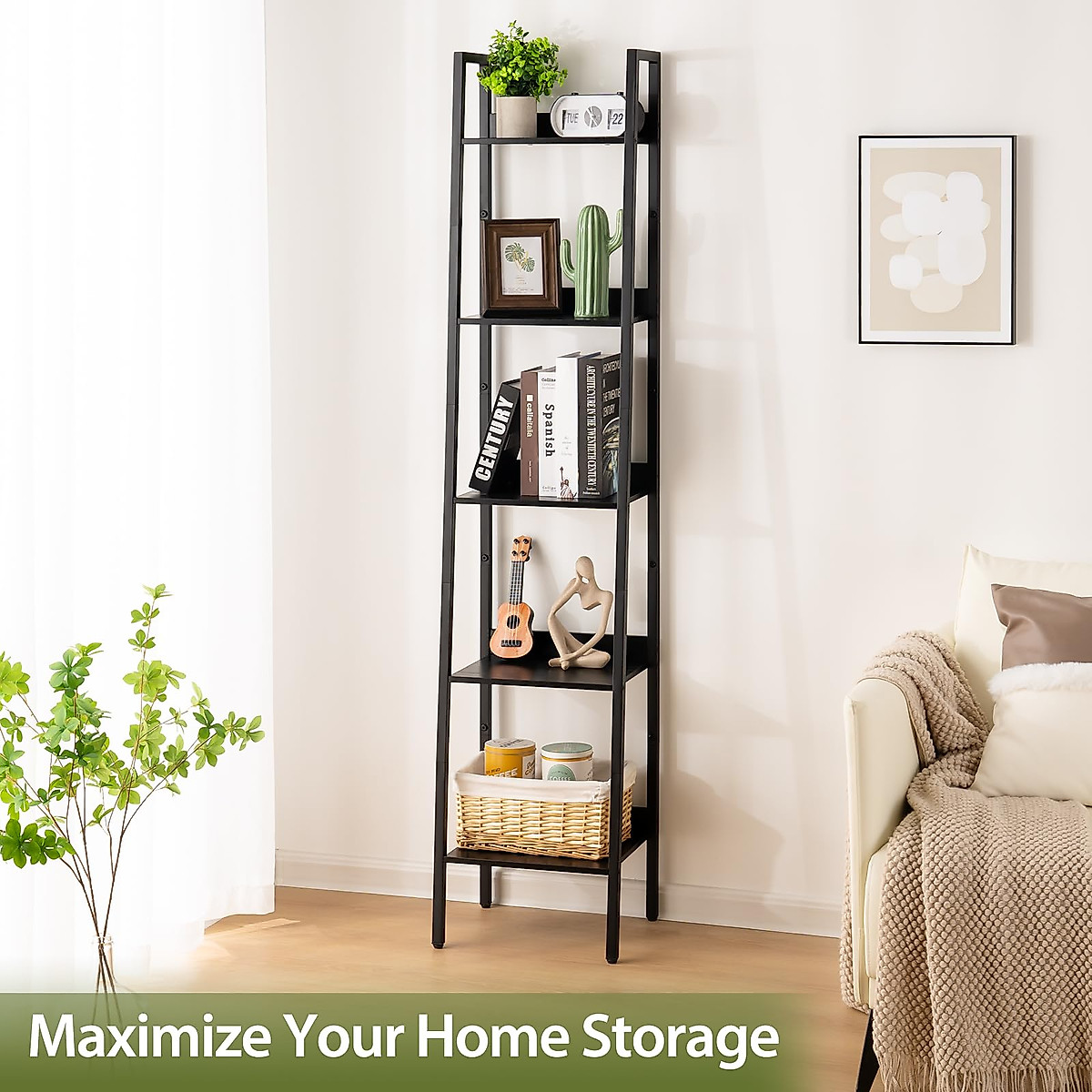 Yoobure Ladder Shelf, 5 Tier Tall Ladder Bookshelf Corner Shelf, Industrial Book Shelf Ladder Bookcase Narrow, Standing Storage Shelves Display Shelf for Bedroom Living Room Office Kitchen Bathroom