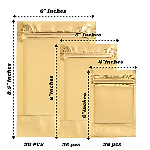 Casavani 100 Pieces Resealable Mylar Zip Lock Food Storage Bags with Clear Window Smell Proof Aluminum Foil Pouch in 3 Sizes - Small, Medium and Large Gold 4x6 inches, 5x6 inches, 6x8.5 inches
