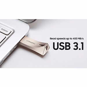 SAMSUNG BAR Plus 3.1 USB Flash Drive, 128GB, 400MB/s, Rugged Metal Casing, Storage Expansion for Photos, Videos, Music, Files, MUF-128BE3/AM, Champagne Silver