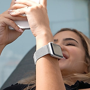 TALK WORKS Expandable Watch Band Compatible with Apple Watch Series - 42mm / 44mm / 45mm - Magnetic Closure - Stainless Steel Mesh Loop Comfort Fit Strap for Women and Men - Silver