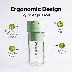 BlendQuik Personal Portable Blender for Smoothies & Shakes, Leakproof & Stylish Design Rechargeable Portable Smoothie Blender On The Go, Mason Jar Blender w/ 10-Blade Blending System 14oz, Light Green
