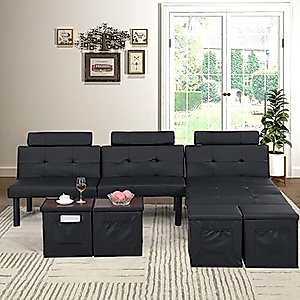 VUYUYU Convertible Futon Couch Bed with Two Storage Ottoman/Coffee Table, Leather Folding Loveseat Sleeper, Small Futon Sofa for Compact Living Space, Apartment, Dorm, Bedroom
