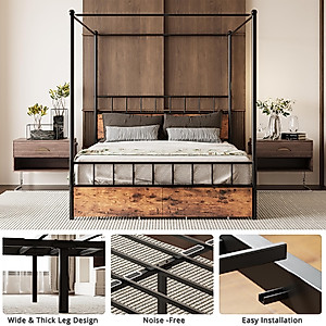 LIKIMIO Canopy Bed Frame Queen with Wooden Headboard and Drawer, Queen Size Bed Frame with 4 Removable Sturdy Posts, Noise Free, No Box Spring Needed, Rustic Brown