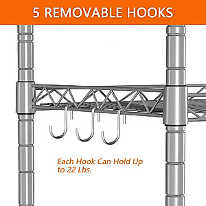 YOHKOH 3 Tier Storage Shelves Rack,16.6L x 11.5W x 32.5H Adjustable Metal Shelf Units,Steel Storage Wire Shelving,Closet,Kitchen,Home,Office with 5 Hooks Silver