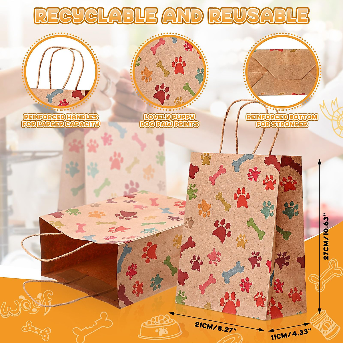 Locmeo 50 Pcs Puppy Dog Paw Print Gift Bags with Handles 10.6 x 8.3 x 4.3 Inch Paw Print Paper Bags Pet Gift Bags Kraft Bags Holiday Party Bags for Pet Treat Party Favor Birthday Gift(Yellow)