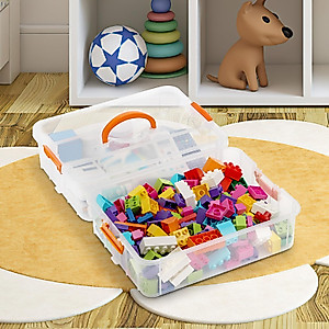Yesland Large 2 Layer Stack & Carry Box,13.75 x 10 x 7.5 Inch Plastic Multipurpose Stackable Craft Storage Box Container with Orange Handle, Portable Organizer Box for Stationery, Sewing, Art Craft