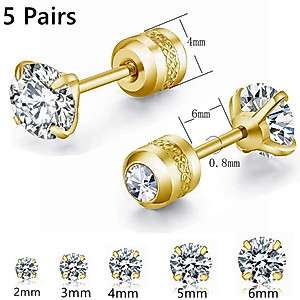 5 Pairs Titanium Screw Back Stud Earrings Set for Sensitive Ears, Hypoallergenic Surgical Stainless Steel Double Sided Round Cubic Zirconia Earrings for Women Men (5pcs gold stud set)
