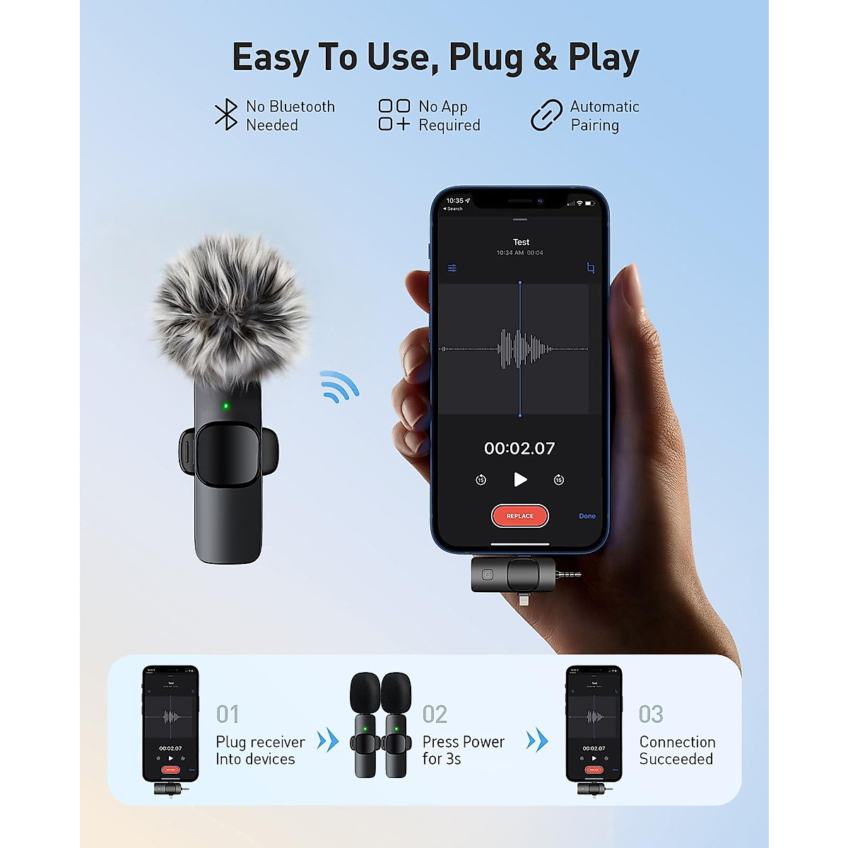 MENERESAS 3-in-1 Mini Microphone for iPhone: Wireless Lavalier Microphones for iOS/Android Devices/Camera - Noise Reduction Lapel Mic - Clip on Mic for Video Recording Vlog/YouTube/Interview