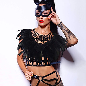 L'VOW Real Black Feather Harness Lace Collar Necklace Bib Halloween (Black)