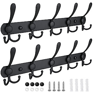 TICONN Wall Mounted Coat Rack, Five Heavy Duty Tri Hooks All Metal Construction for Jacket Coat Hat in Mudroom Entryway (Matte Black, 2-Pack)