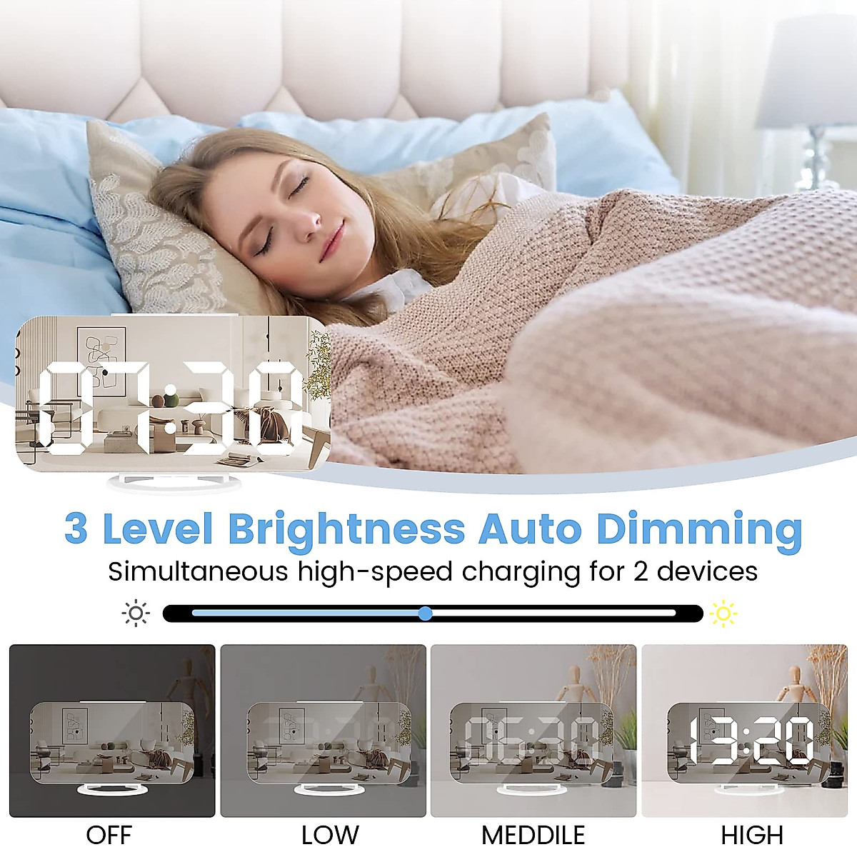 Muoigoe Digital Alarm Clock,Large Display LED And Mirror Desk Clock With Dual USB Charger Ports, 3 Levels Brightness,12/24H Alarm Clocks, Modern Electronic Clock for Bedroom Living Room Office - White