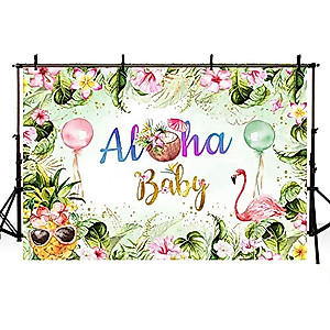 AIBIIN 7x5ft Aloha Baby Shower Backdrop Summer Hawaiian Oh Baby Party Decorations Tropical Floral Flamingo Pineapple Tiki Themed Photography Background Banner Photoshoot Props