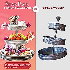 StarPack Farmhouse Style Three Tier Serving Tray - Rustic Kitchen 3 Tiered Tray with 3 Tier Metal Stand - Three Tiered Tray for Deserts & Party Bites - Sturdy & Stylish 3 Tier Serving Stand
