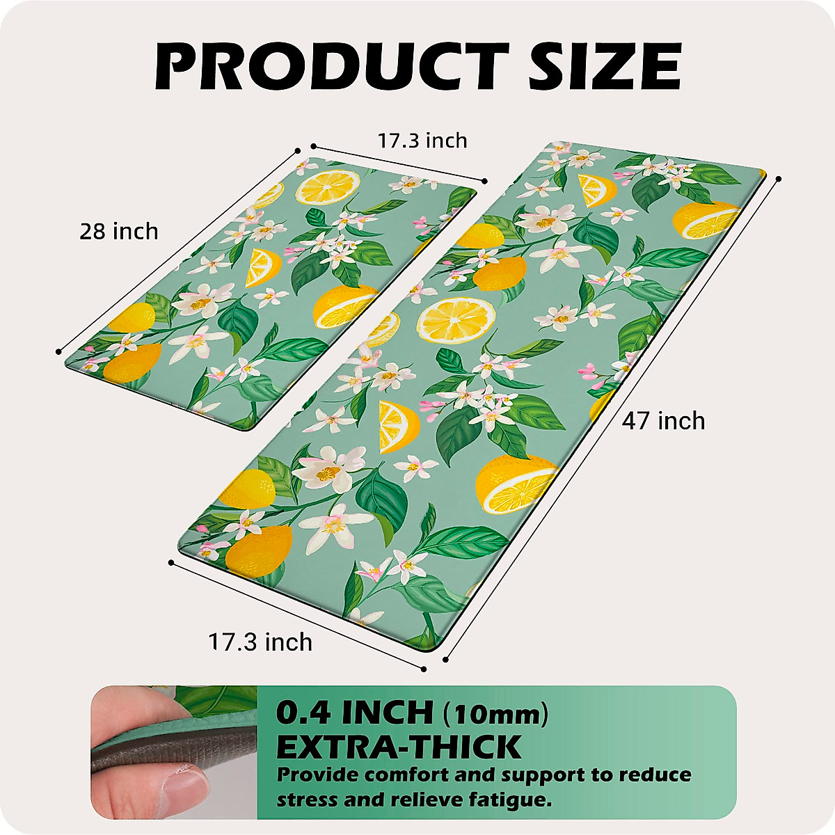 Lemon Kitchen Mat Set 2 PCS Anti Fatigue Lemon and Leaf Kitchen Rugs Waterproof Cushioned PVC Leather Runner Rug Non Slip Comfort Standing Floor Mats for Kitchen, Home, Sink 17.3" x 28" + 17.3" x 47"