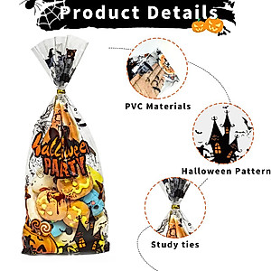 Halloween Treat Bags, Halloween Candy Bags, Halloween Cellophane Treat Bags, 60PCS Plastic Halloween Cookies Goodie Gift Bags with Ties for Halloween Trick or Treat Party Favors Supplies, 4 Style