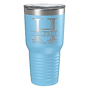 Personalized 30oz (17 Colors) Powder Coated Insulated Stainless Steel Tumbler with Lid, Custom Etched, Customized Engraved Gift Idea for Women Men Her Him, Halpert Monogram Initial Name (Light Blue)