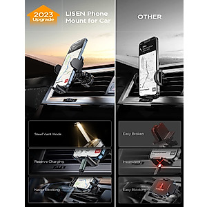 LISEN Phone Mount for Car [Ultla Stable] Phone Holder for Car Vent[Never Blocking] Steel Hook Clip Car Phone Holder Mount for iPhone 15 14 13 Pro Samsung Galaxy S223/S22/S21 All Phones