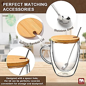 GMISUN Glass Coffee Cups, 2 Pack Double Wall Glass Coffee Mugs with Bamboo Lids, 12 Oz Clear Coffee Mug with Handle, for Ice Coffee/Tea/Hot Beverages/Cappuccino/Latte, Extra Spoons, Coaster