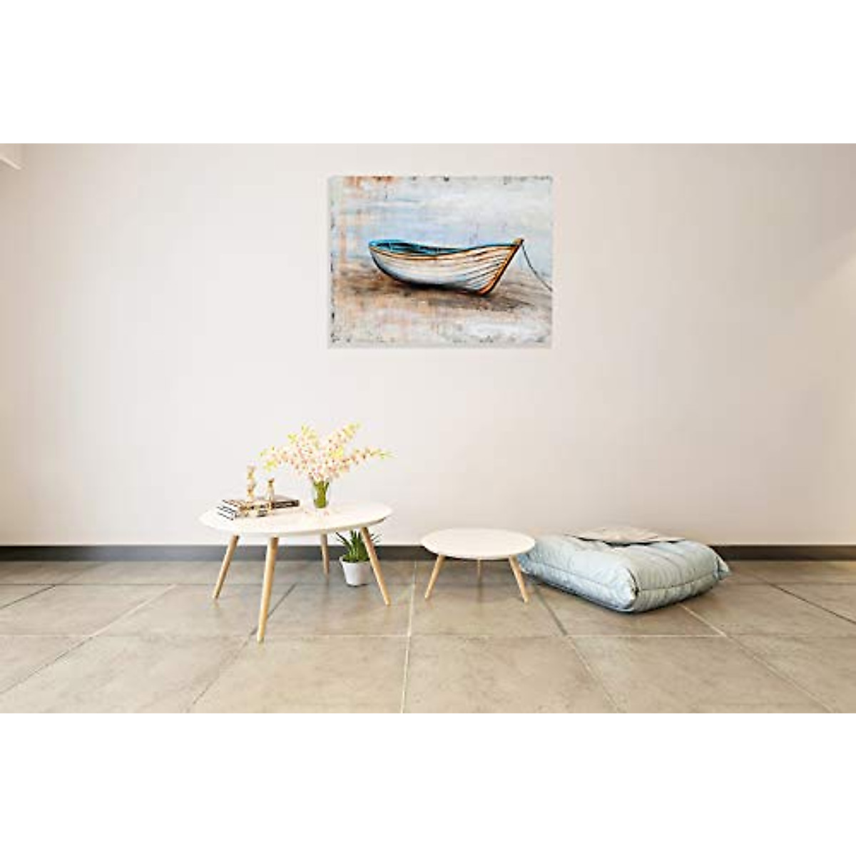 SYGALLERIER Coastal Canvas Wall Art Hand Painted Boat Still Life Painting Modern Nautical Pictures Aesthetic Artwork for Living Room Bedroom Bathroom Decor