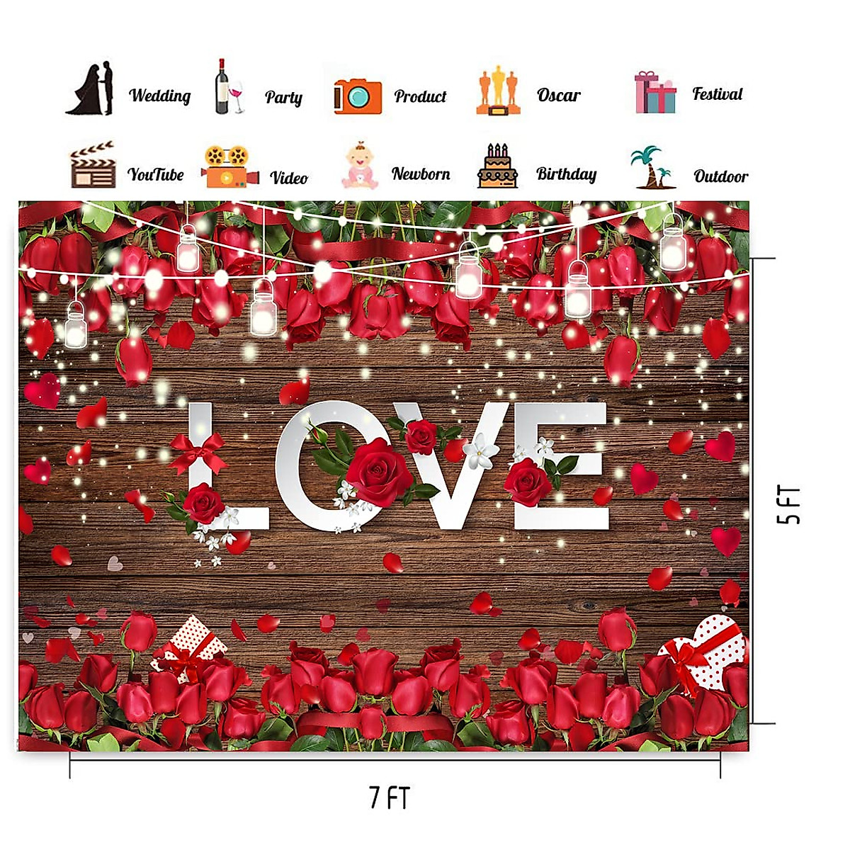 CHAIYA 7X5ft Mother's Day Backdrop Valentine Day Brown Wood Flower Love Heart Background Wedding Bridal Shower Party Decor Banner Valentine's Day Party Decoration CY-257