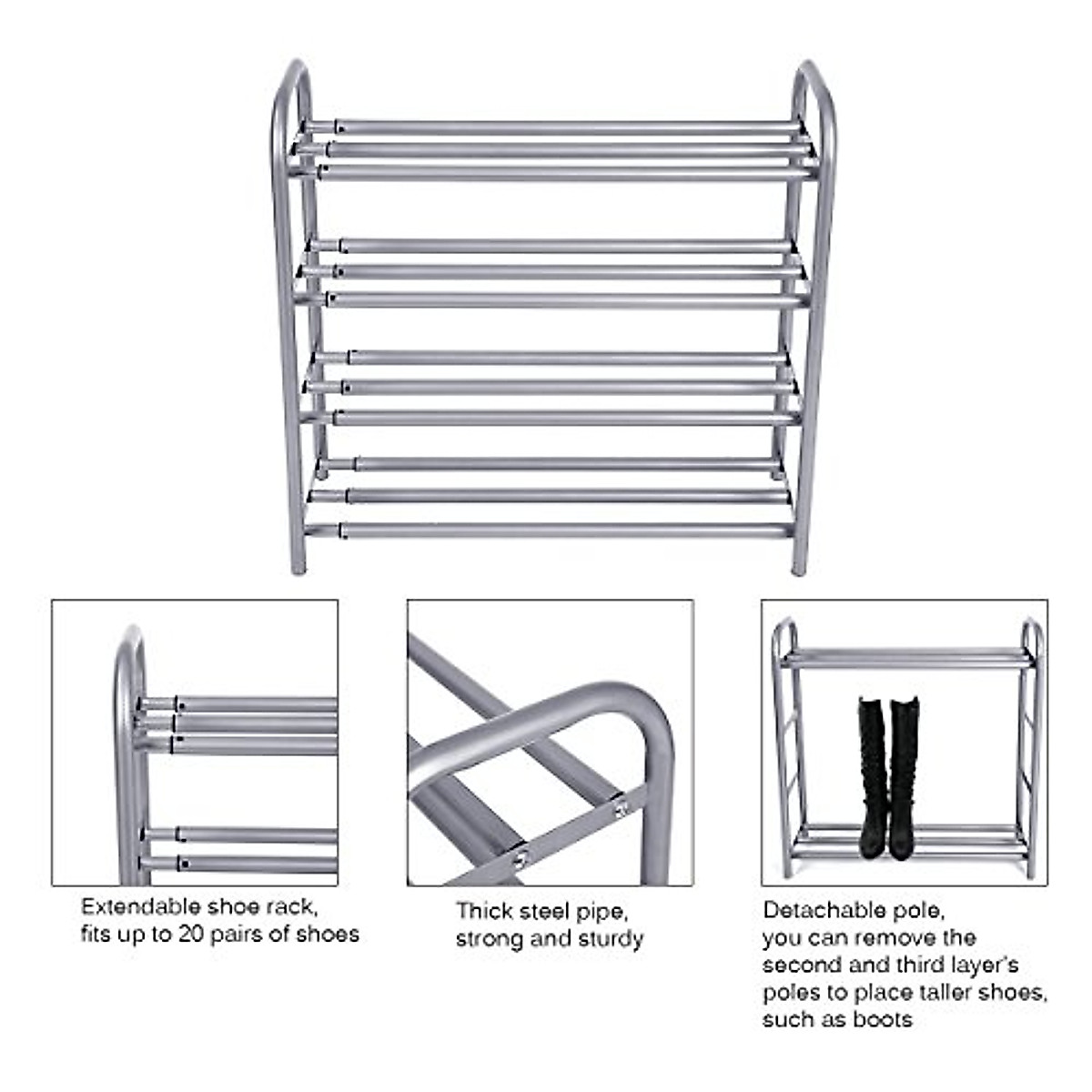 GEMITTO Shoe Rack Organizer for Closet Entryway, 4 Tiers Adjustable Heavy Duty Metal Shoe Storage Shelf, Large Enough for 20+ Pairs of Shoes (23.6"~41.7"x8.9"x24.2")(Silver)