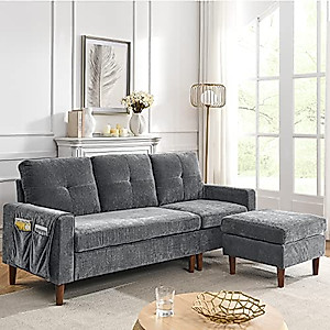 Homtique Convertible Sectional Sofa Couch, L Shaped Sofa with Reversible Chaise and Pocket, 3-Seat Chenille Sofa with Removable Cushions Sectional Couches for Living Room, Apartment (Dark Grey)