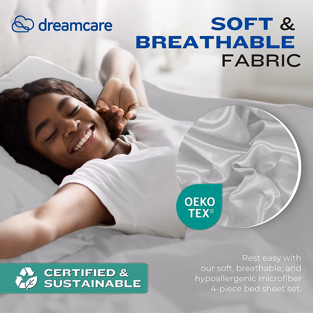 DREAMCARE Full Size Sheets - Cooling Bed Sheets - 4pcs Set - up to 15" Deep Pocket Full Sheet Set - Sheets Full Size Bed - Soft & Long Lasting 100% Fine Brushed Polyester with Side Pocket - LightGray