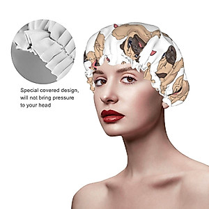 White Brown Pug Shower Cap for Women,Double Waterproof Layers Bathing Shower Hat Large Designed for all Hair