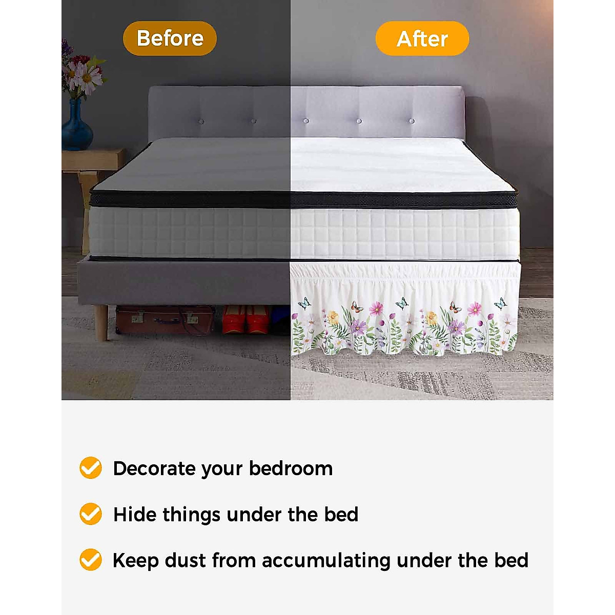 Florals Butter-Fly Bed Skirt Queen Size 18 Inch Drop, Adjustable & Elastic Wrap Around Bed Skirts Pleated Luxury Dust Ruffles for Twin Full Queen Cal King Base Bed, Spring Summer Flower Leaves