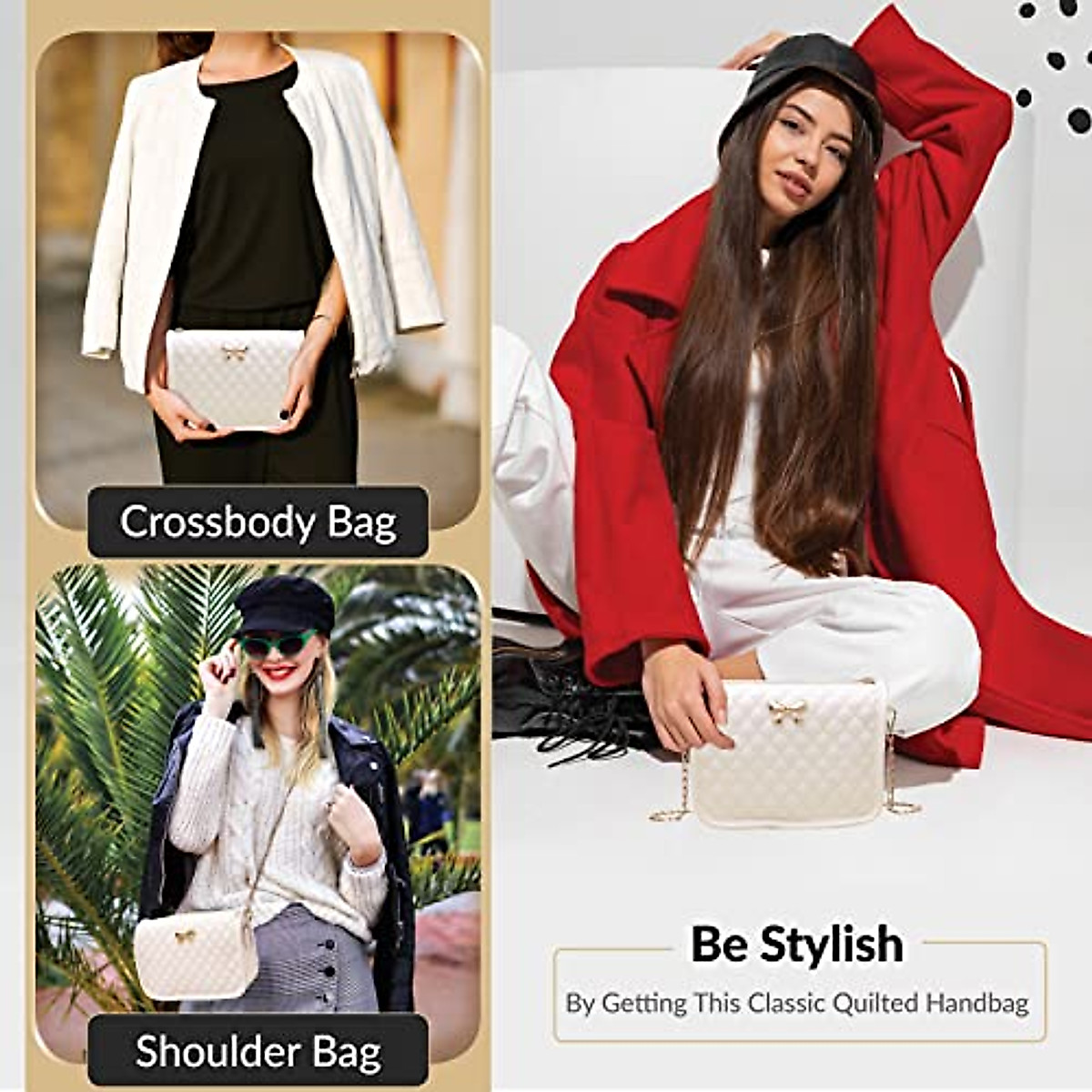 H HANBELLA - A FASHION TRENDY COLLECTION. FOREVER. - Small Crossbody Purse for Womens and Girls - Cute Off White Shoulder Bow Bag Quilted Leather Handbag - Satchel for Ladies and Teens