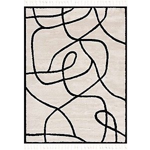 Hauteloom Deren Living Room, Bedroom Bohemian Shag Area Rug - Soft Shaggy Farmhouse - High Plush Pile - White, Black, Cream, Light Beige, Bone - 5'3" x 7'