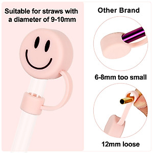 Whaline 6Pcs Smile Face Straw Covers Light Pink Double Sided Pattern Straw Tip Covers 0.4 Inch Silicone Reusable Round Straw Topper for 30 & 40 OZ Tumbler with Handle