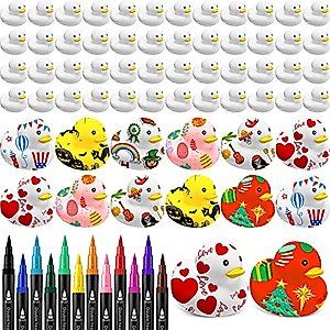 Lenwen 90 Pcs White Blank Rubber Ducks in Bulk DIY Mini Ducks with 12 Color Pens Rubber Ducky Duck Birthday Decorations Duck Bath Toy in Bulk for Pool Game Bathtub Gift Classroom Party Favors
