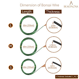 BEADNOVA Bonsai Wire 33 Feet Green Bonsai Training Wire Aluminium Plant Training Wire for Bonsai Plant (Green, 3 Sizes, 30m)