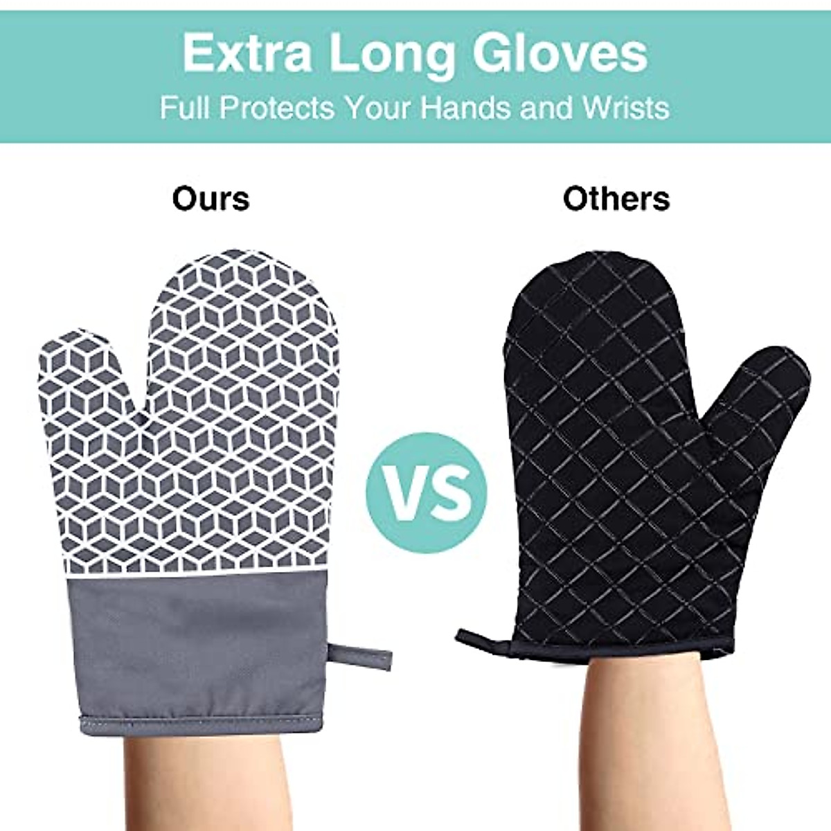 Oven Mitts and Pot Holders, Hmtruly Extra Long Oven Gloves, 500℉ Heat Resistant Oven Mitts with Non-Slip Silicone Pattern, Oven Hot Pads Pot Holders for BBQ Kitchen Baking Cooking (6-Piece Set, Grey)