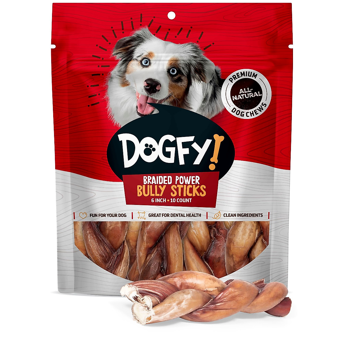 Dogfy Braided Power Bully Sticks Dog Chews (6”, 10-Pack), 2-in-1 Power Chews: Premium Beef Cheek Wrapped in Beef Pizzle, Braided Together for a Very Long Lasting Chew, Great for Medium Dogs