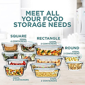 Razab 24 Pc Glass Food Storage Containers Airtight Lids Microwave/Oven/Freezer & Dishwasher Safe - Steam Release Valve BPA/ PVC-Free -Small & Large Reusable Round, Square & Rectangle Bento Containers