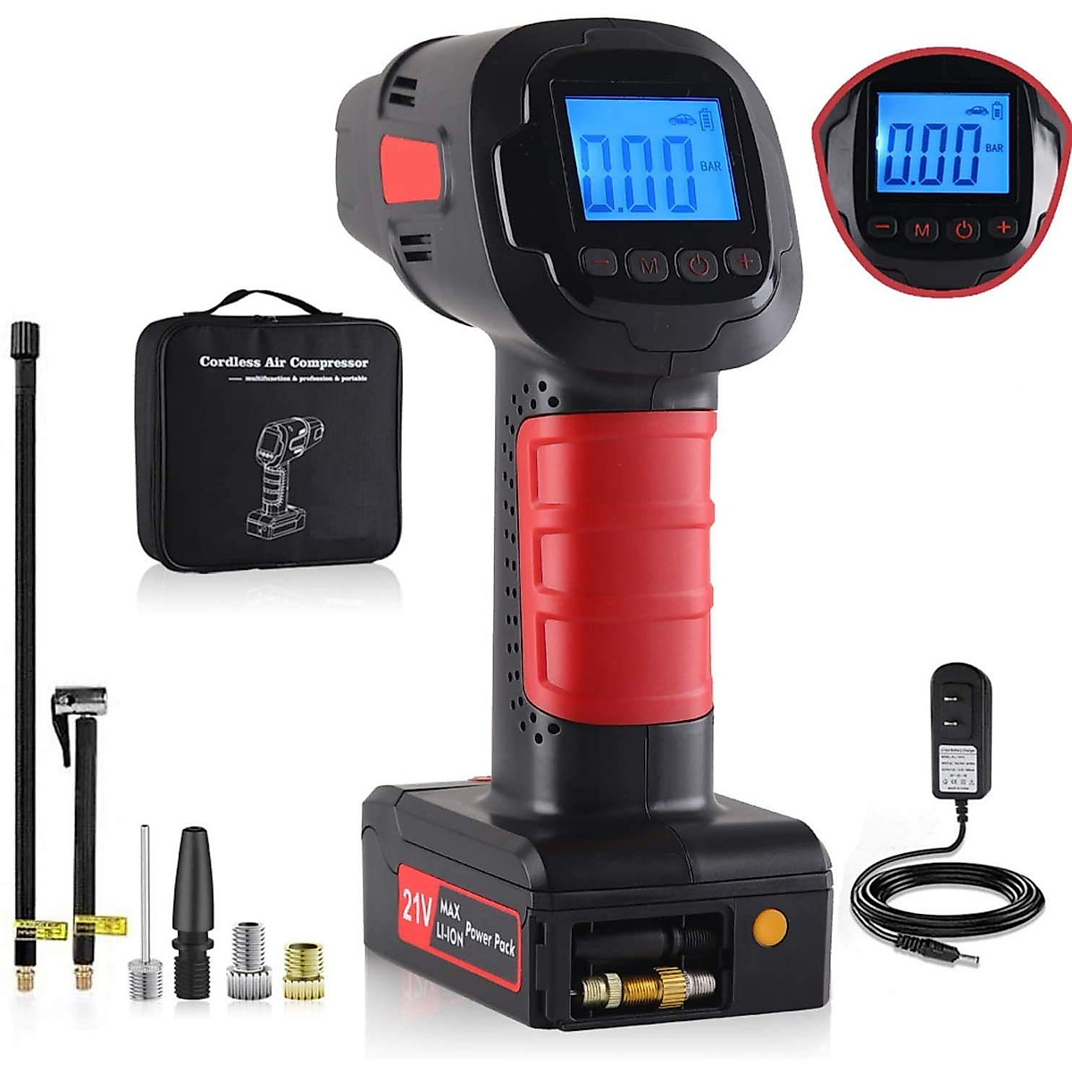 Cordless Air Compressor Portable Tire Inflator Pump with Digital LED lights and 2000mah Rechargeable Li-ion,suitable for Car,Bicycle,Air Mattress,Inflatable Airbed