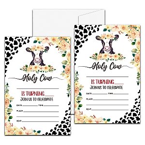 Cow Birthday Party Invitation, Barn Animals Themed Fill-In Invites for Friends, 20 Floral Invitations With Envelopes (4" X 6"), Adults Farm Party Favors Decorations and Supplies -40