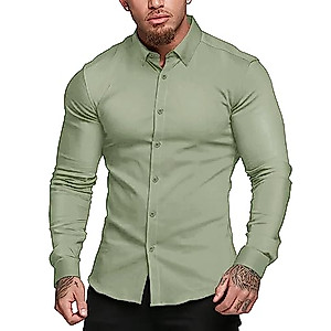 AstoSeu Men's Muscle Dress Shirts Slim Fit Wrinkle-Free Long Sleeve Casual Button Down Shirt Light Green L