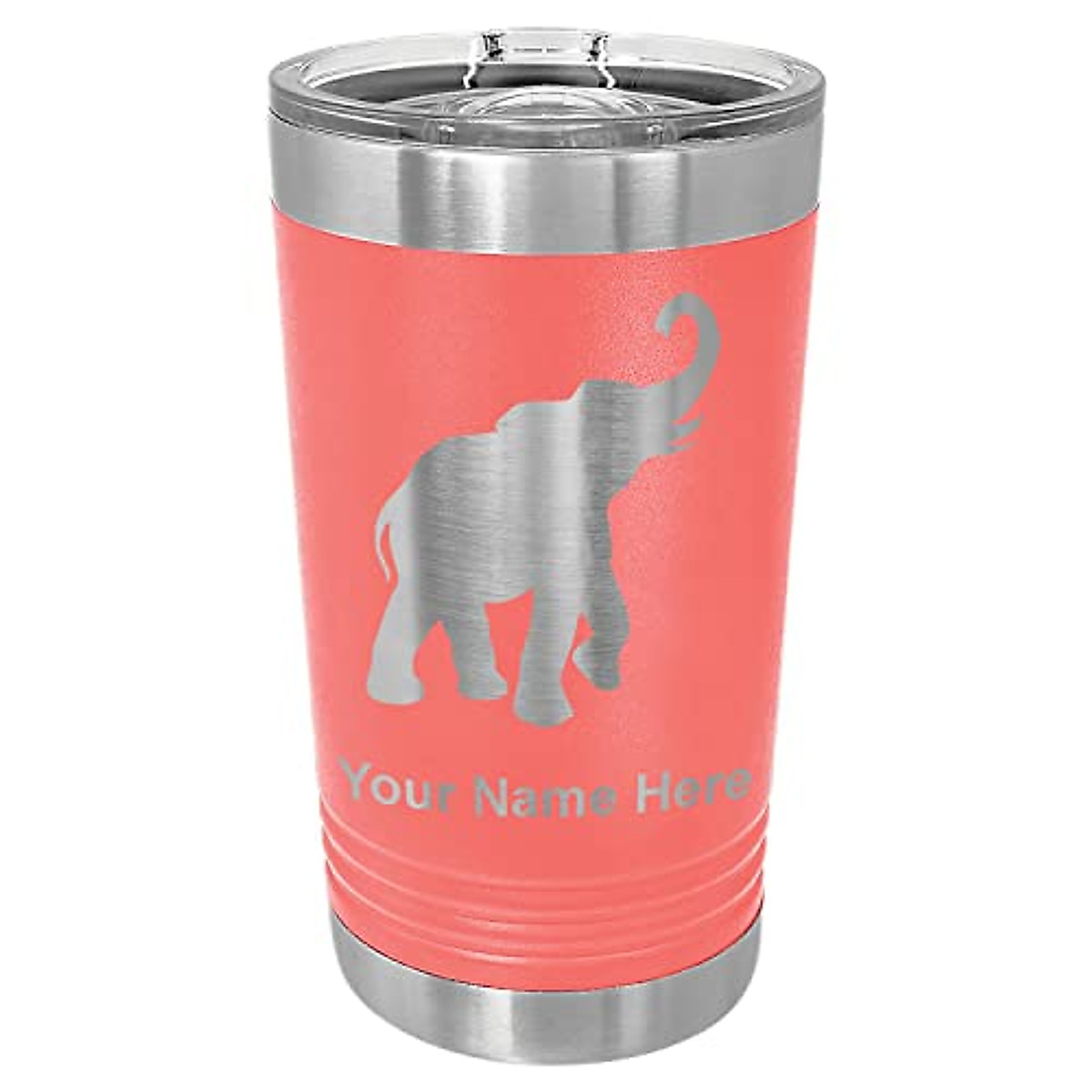 LaserGram 16oz Vacuum Insulated Pint Tumbler, Indian Elephant, Personalized Engraving Included (Coral)