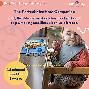 BUSY BABY - Silicone Baby Bib & Bungees, 1-Stop-Drop Travel Bib, 2-Silicone Bungees that Easily Attach to Bib & Keep Things Off the Floor (Pewter)