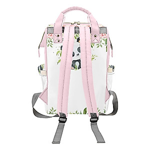 SunFancy Personalized Pink Flower Panda Bamboo Diaper Backpack with Name Text Large Capacity Custom Multi-Function Bag Unisex Travel Backpack for Mom Dad Boy Girl