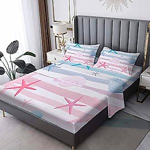 Beach Theme Sheets Twin - Seashell and Starfish Bed Sheet Set for Kids Girls - Coastal Bedding Sheets & Pillowcases 3 Piece - Fitted, Flat Sheet & Pillow Case - Soft & Deep Pocket & Wrinkle Free