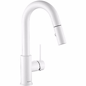 AguaStella AS59W White Bar Faucet with Pull Down Sprayer and ASD52W White Deck Plate