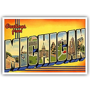 GREETINGS FROM MICHIGAN vintage reprint postcard set of 20 identical postcards. Large letter US state name post card pack (ca. 1930's-1940's). Made in USA.