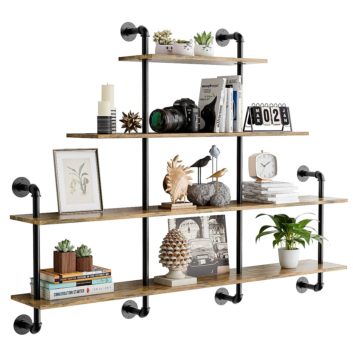 WFSRESTD Industrial Pipe Shelving, 4 Tier Rustic Wooden Floating Shelves, Wall Display Bookshelf, Storage Rack Sundries Holder for Kitchen Office Bathroom Organization and Home Decor