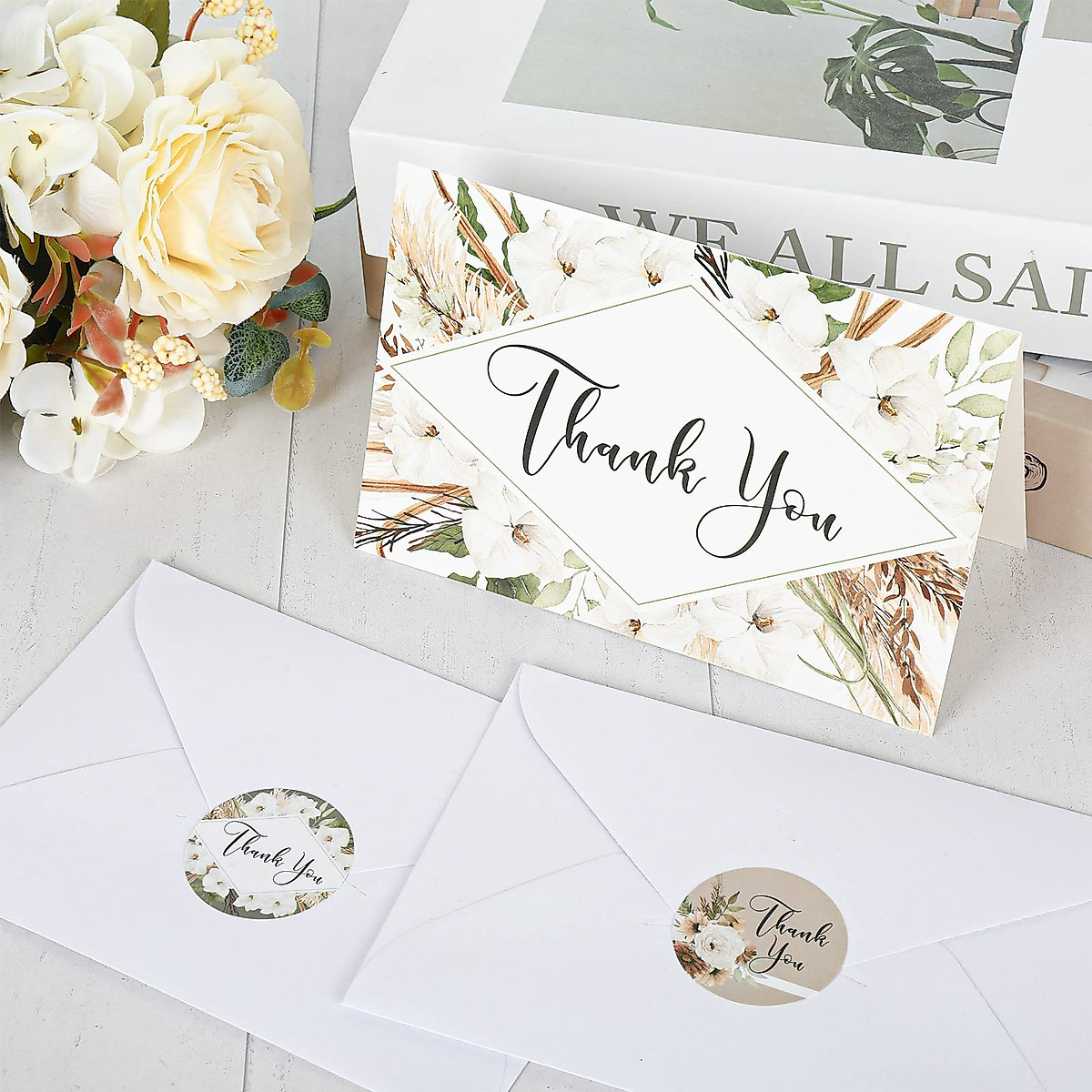 AnyDesign Boho Floral Thank You Cards Bulk 30 Pack Fall Rustic Greeting Cards with Stickers Envelopes Watercolor Flower Blank Appreciation Note Cards for Birthday Wedding Thanksgiving Baby Shower