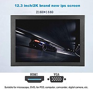 12.3 inch Portable Monitor, 16:9 Computer Display 2160x1440 Full HD IPS Screen, HDMI/VGA Gaming Monitor for Computers, Microscopes, DVDs, Camcorders(2K)