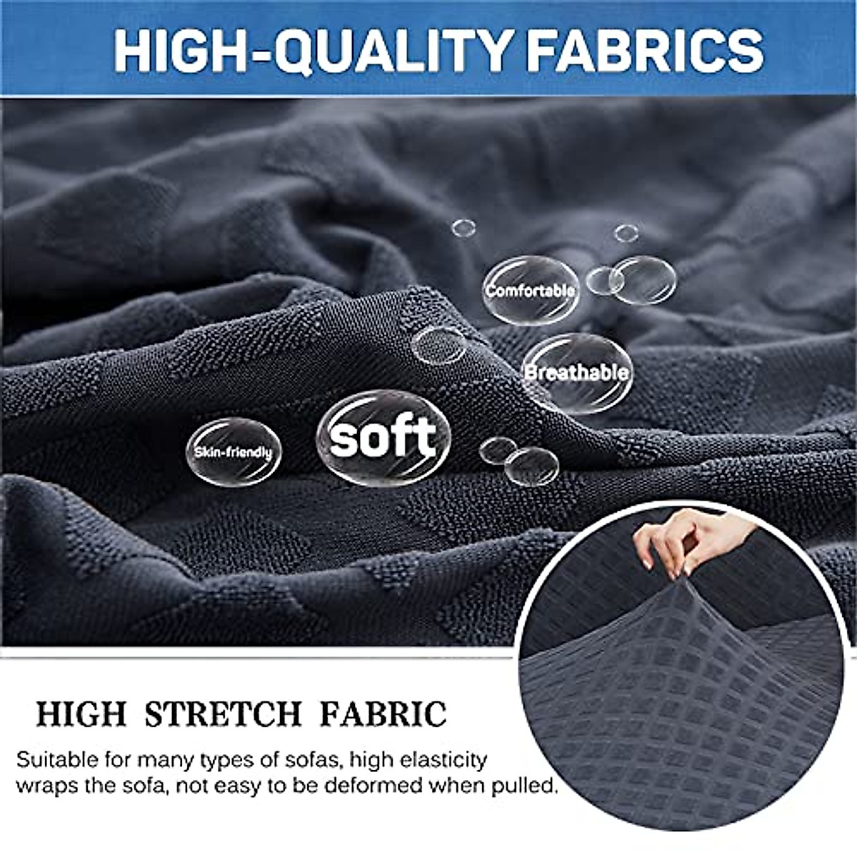 Checks Stretch Sofa Slipcover, Thick Sectional Couch Covers Elastic Bottom Removable L-Shaped Sofa Covers for Pets Cat Dog-Blue A-3 Seater+4 Seater